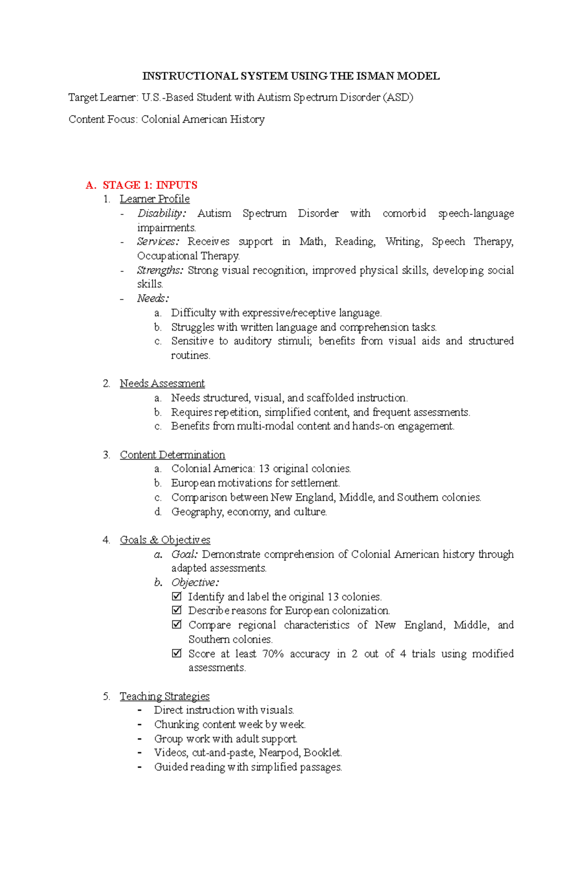ISMAN Model Instructional System for ASD Learners: Colonial History ...