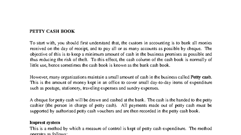 Petty Cash Book Analysis & Management Guide - Studocu