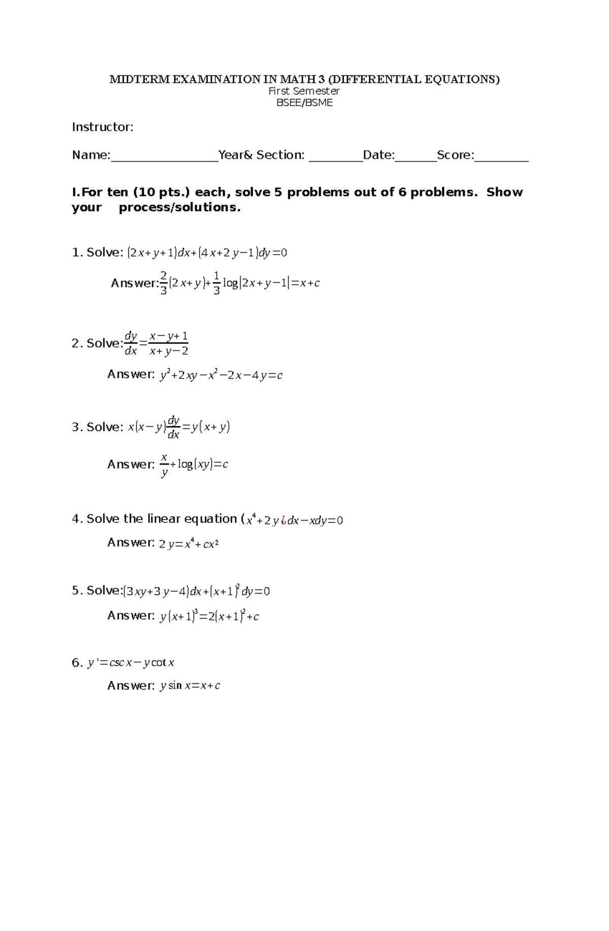 Midterm Exam Review for MATH 3 - Differential Equations (BSEE/BSME) - Studocu