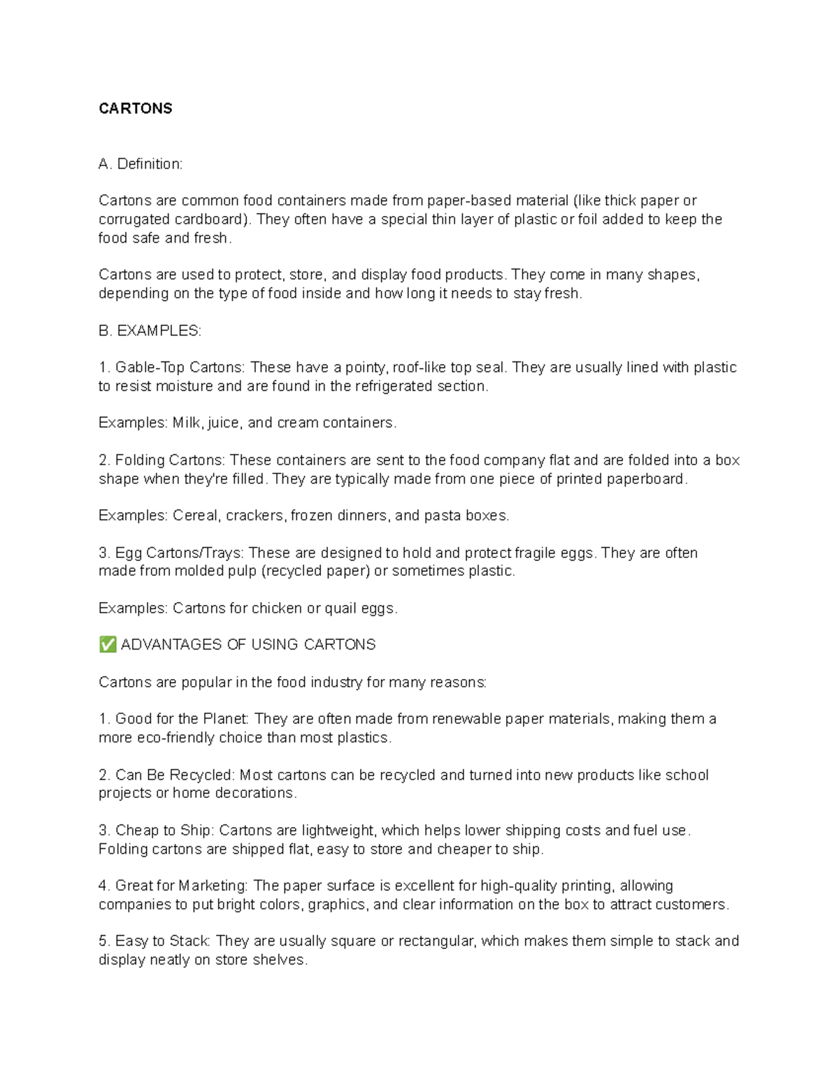 CARTONS: Definition, Types, and Advantages in Food Packaging - Studocu