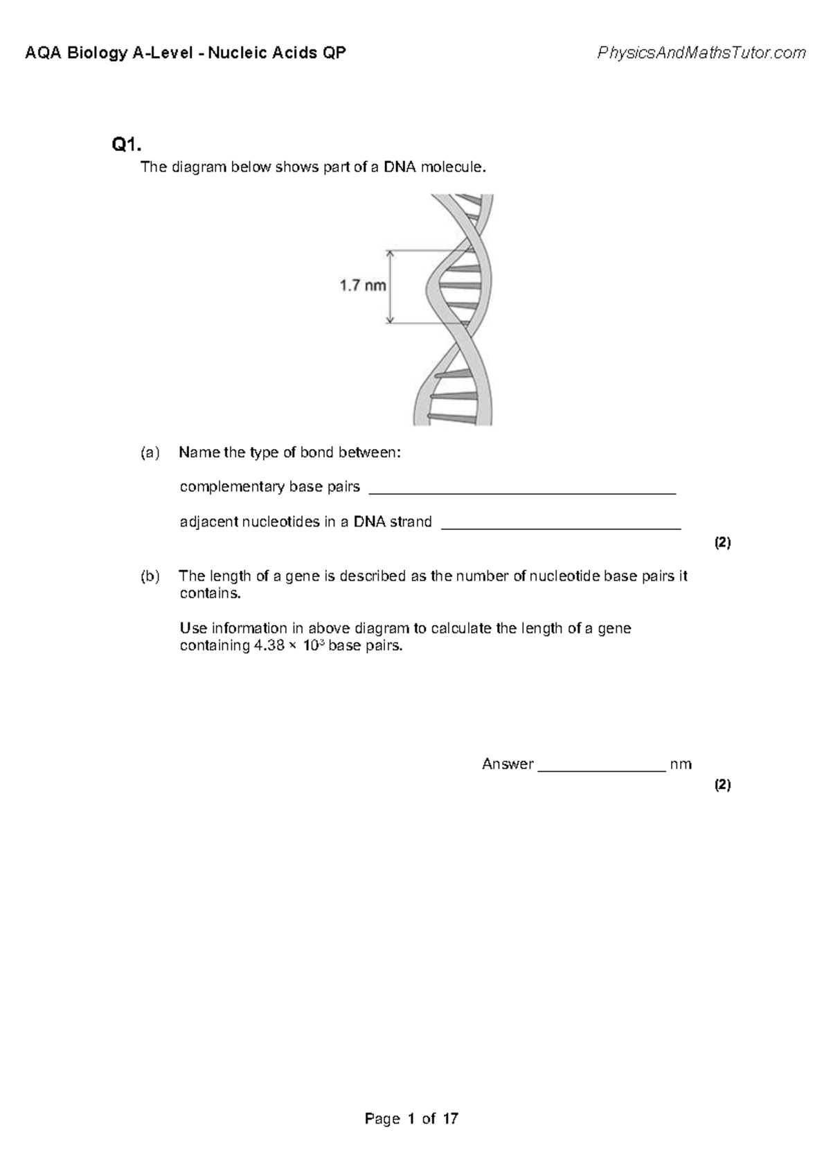 AQA Biology Nucleic Acids QP - Comprehensive Study Guide and Practice ...
