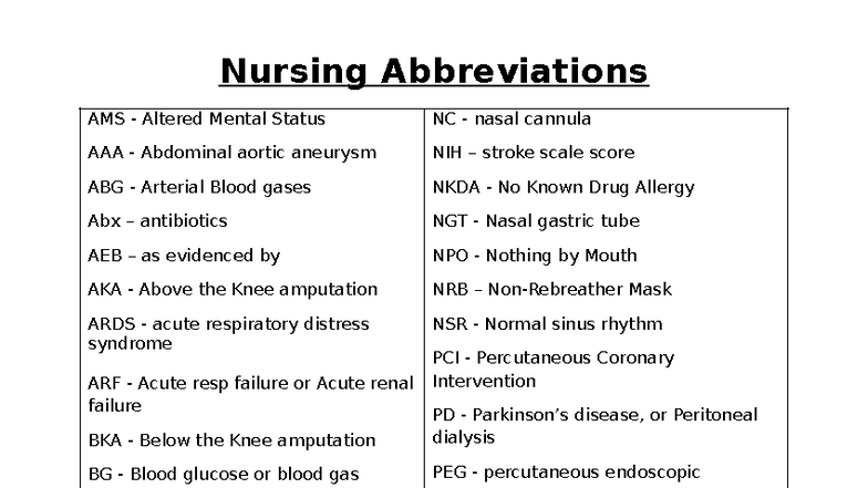 Nursing Abbreviations: Key Terms & Acronyms for Clinical Practice - Studocu