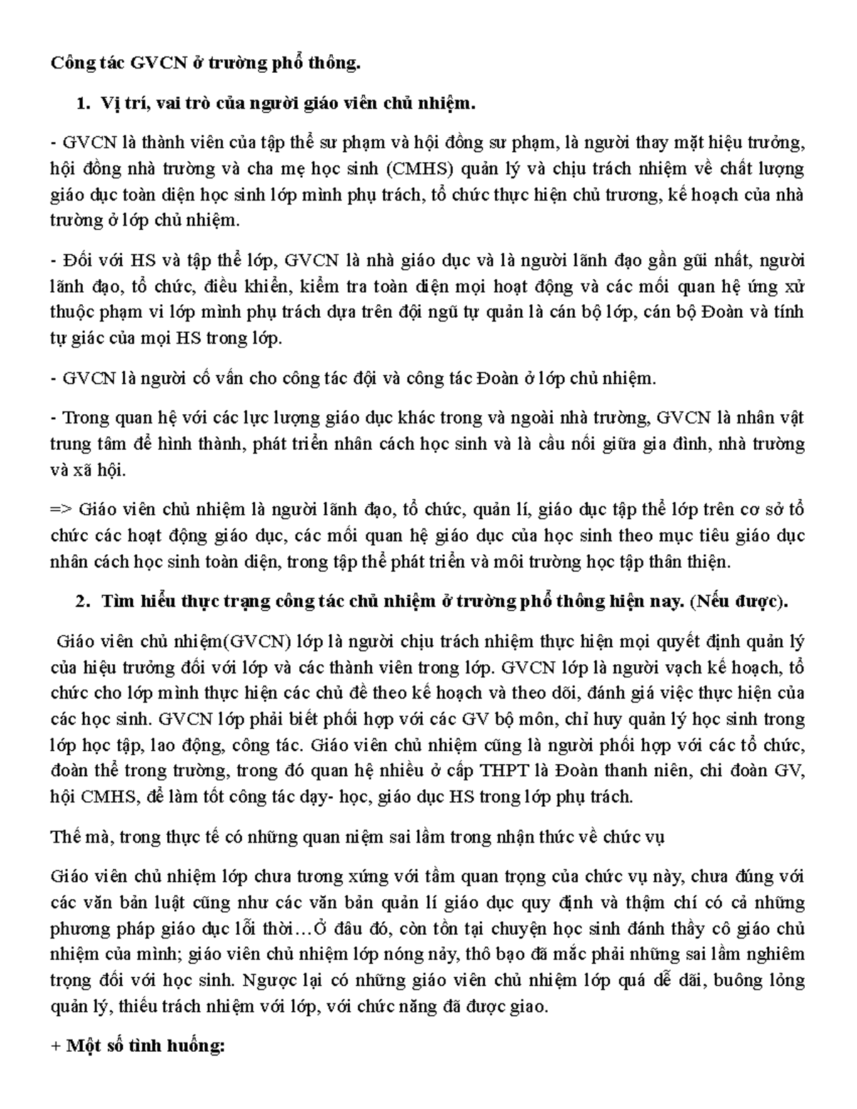 CÔNG TÁC GVCN TẠI TRƯỜNG PHỔ THÔNG: VAI TRÒ VÀ THỰC TIẾN - Studocu