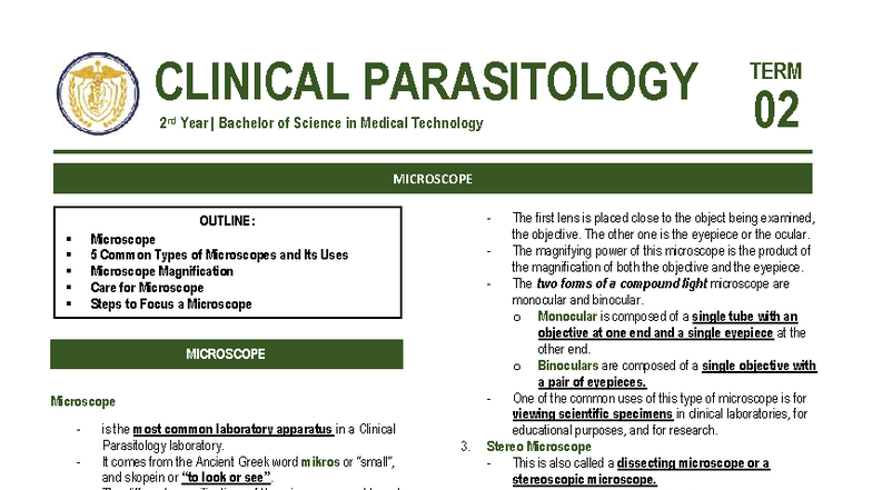 CLINICAL PARASITOLOGY [LAB] Microscope Overview and Types - Studocu