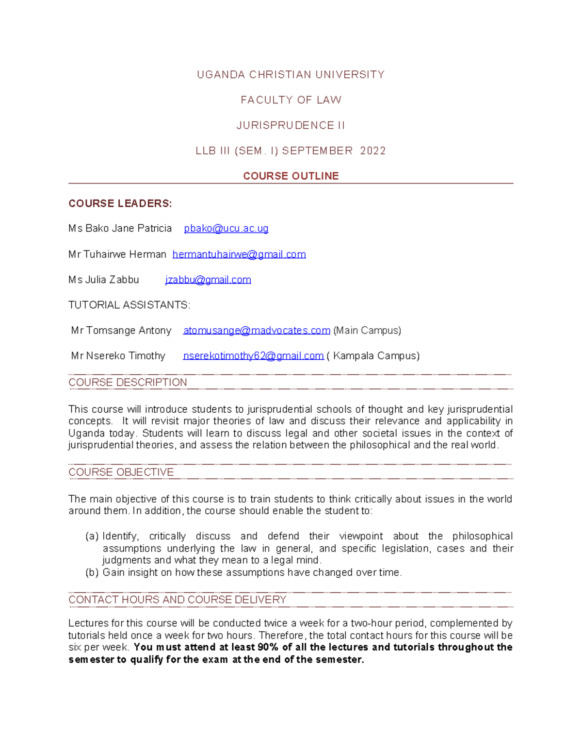 Final Jurisprudence II Course Outline - UCU 2022 Semester 1 - Studocu
