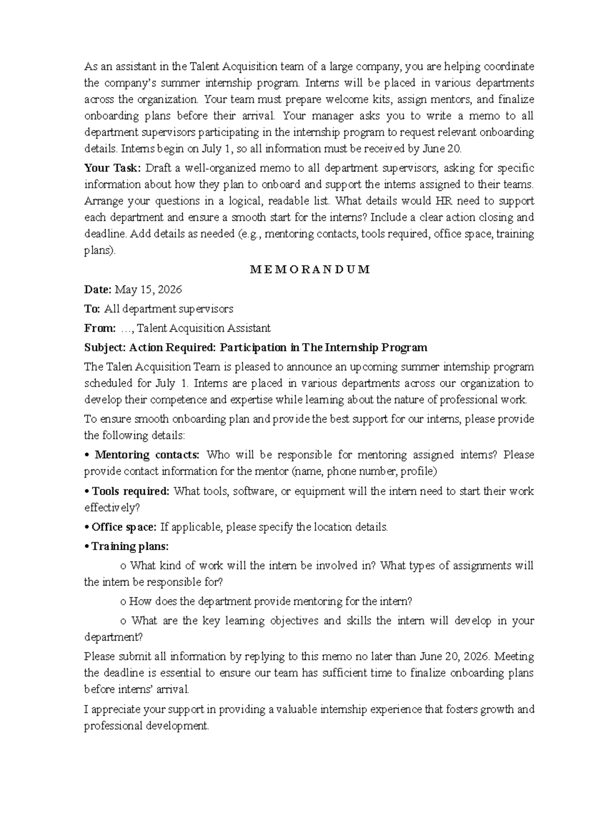 Action Required: Onboarding Details for Summer Internship Program - Studocu