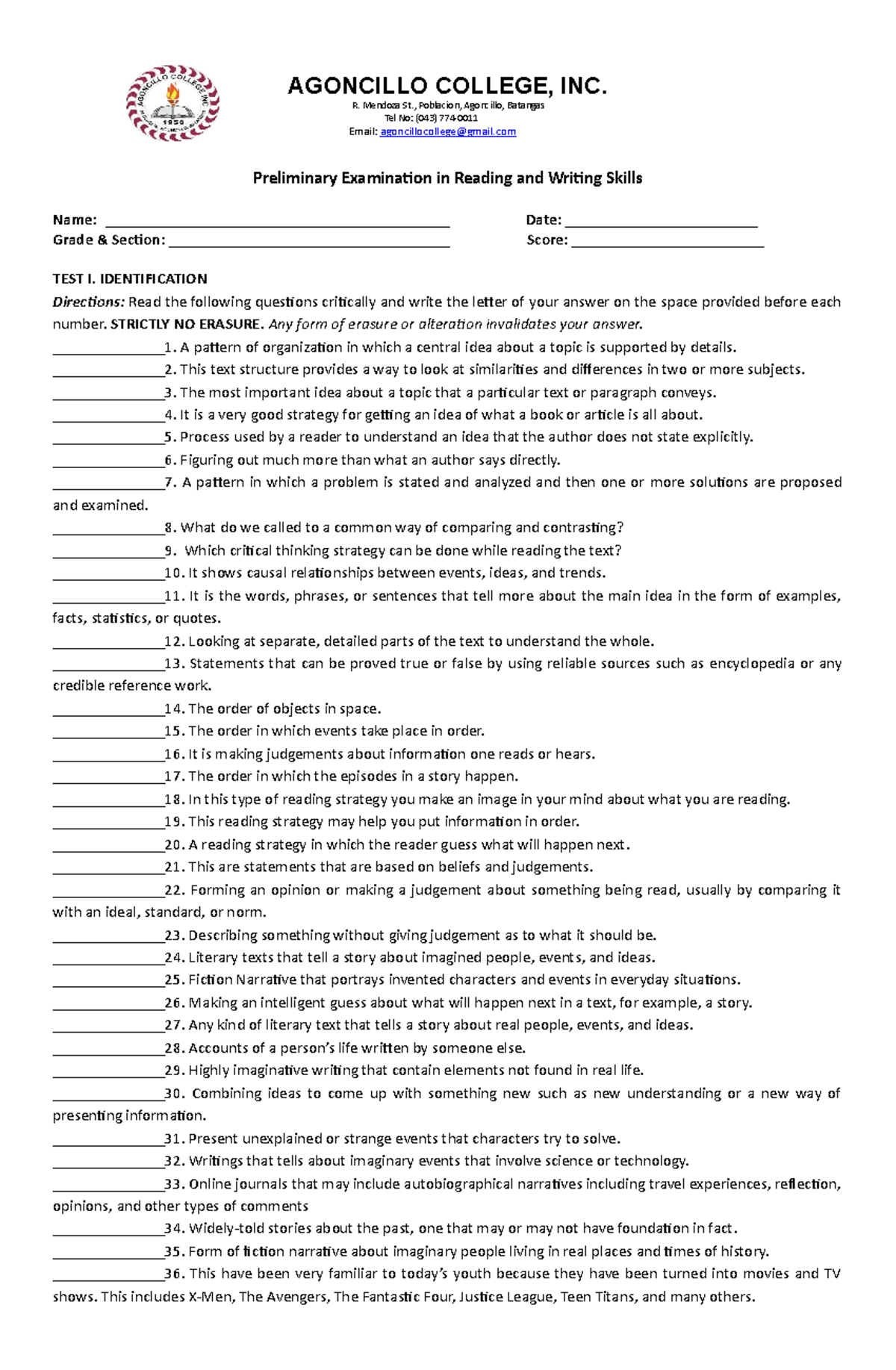 Midterm Exam on Reading and Writing Skills (ENG101) - Studocu