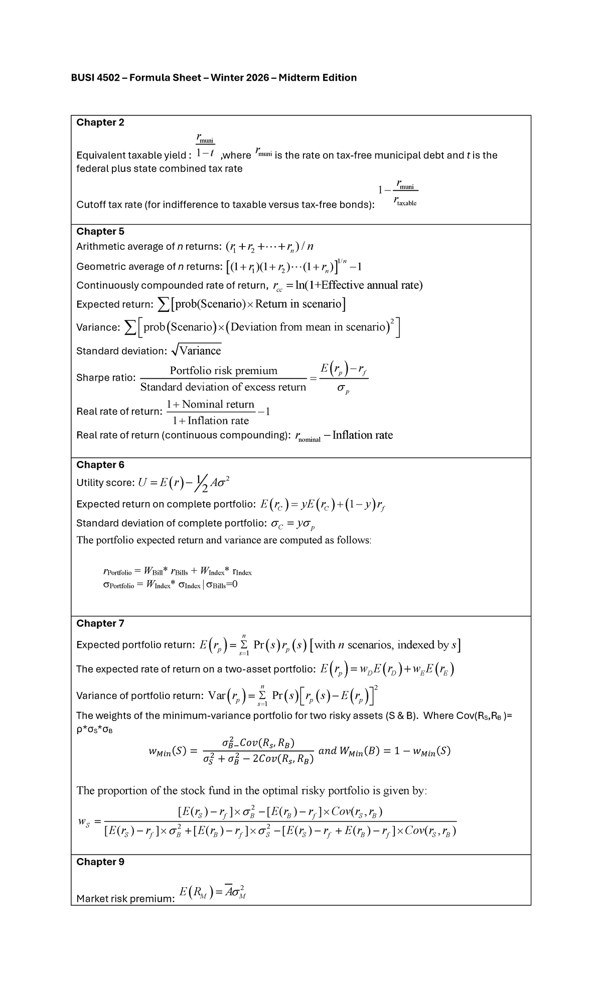 BUSI 4502 Midterm Formula Sheet - Winter 2026 Edition - Studocu