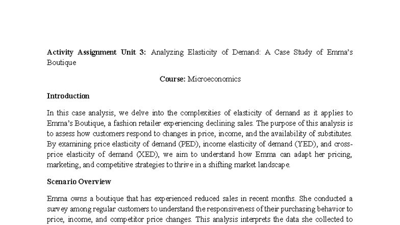 Activity Assignment Unit 3: Elasticity Analysis of Emma's Boutique - Studocu
