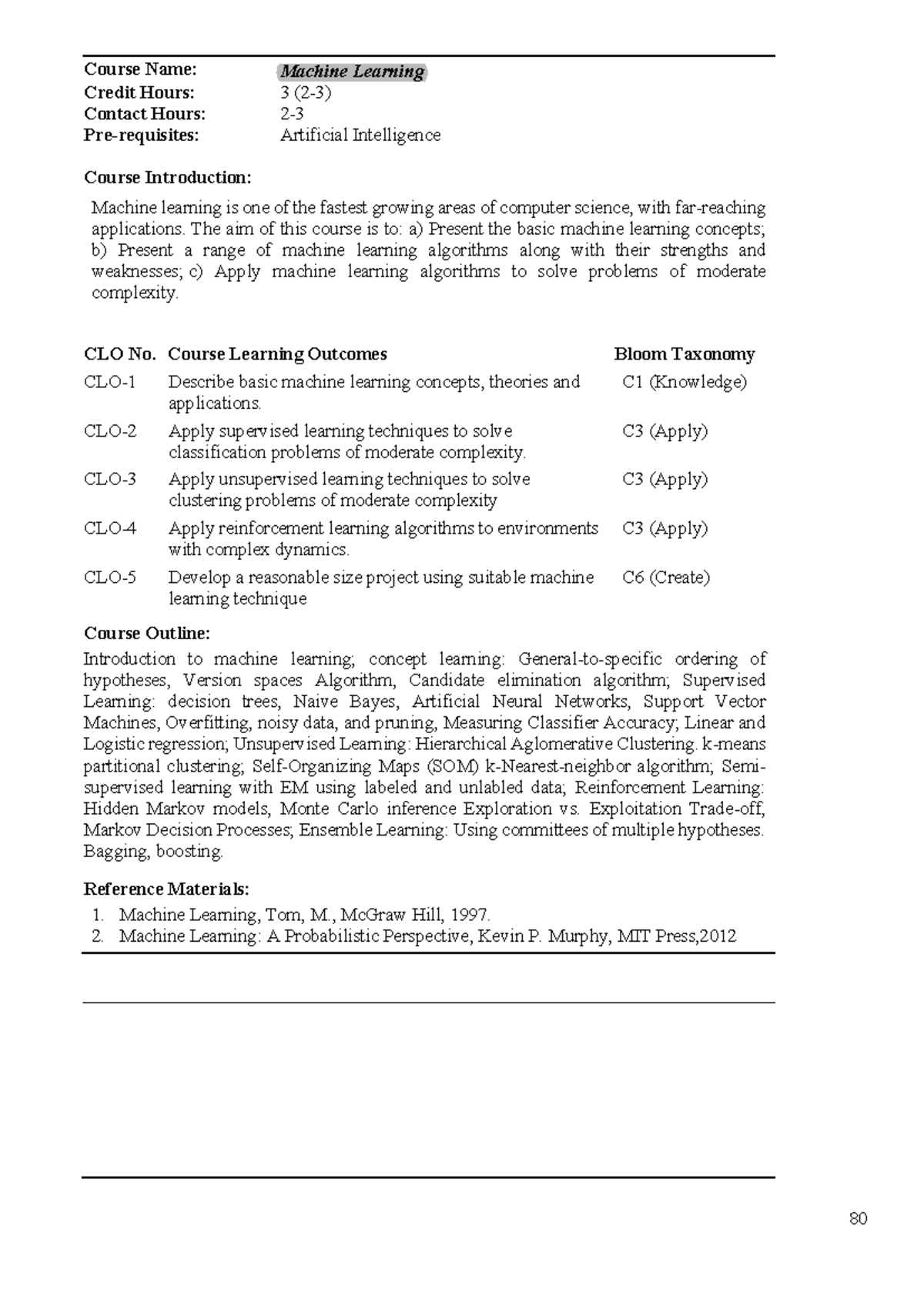 Machine Learning Course Outline - ML 101 (3 Credits) - Studocu