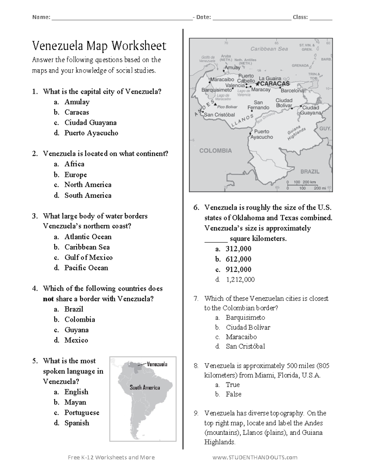 Venezuela Map Worksheet: Social Studies Questions & Answers - Studocu