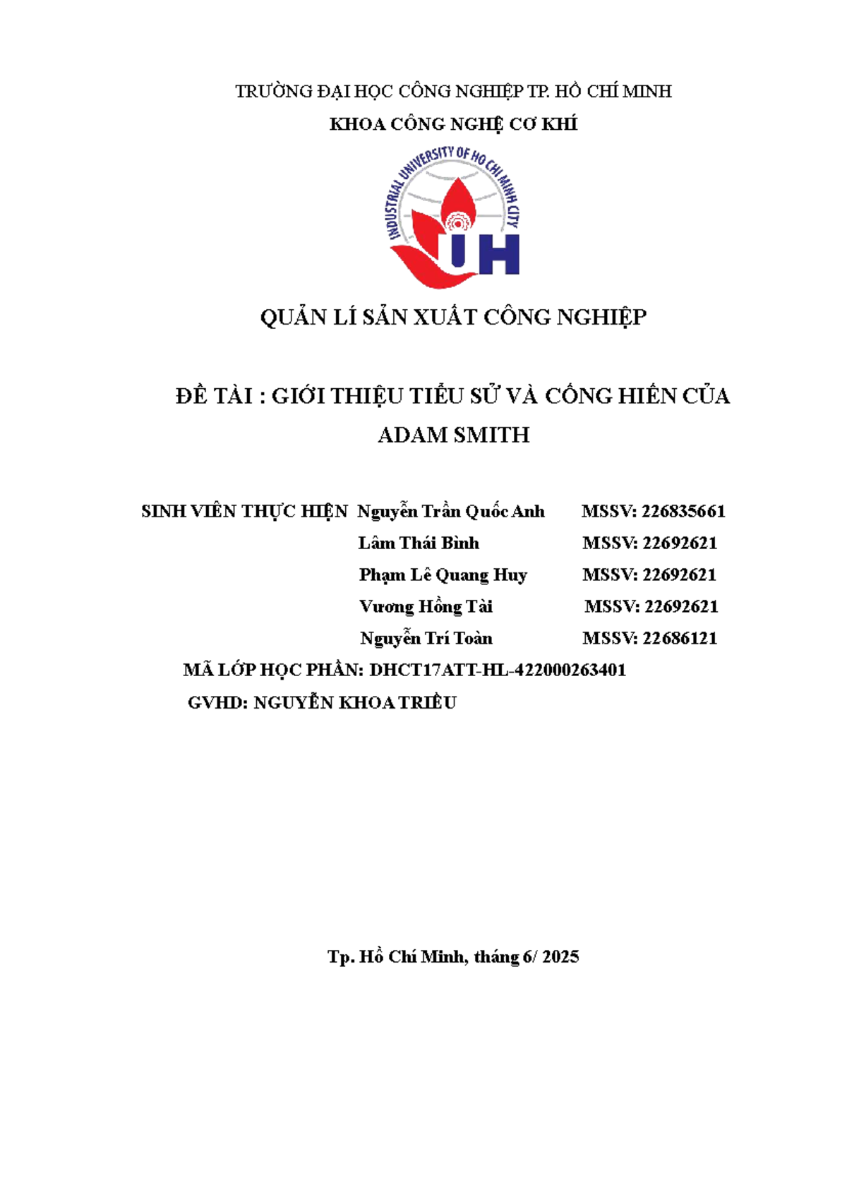 Tiểu luận: Giới thiệu tiểu sử và cống hiến của Adam Smith - QLSX 2025 ...