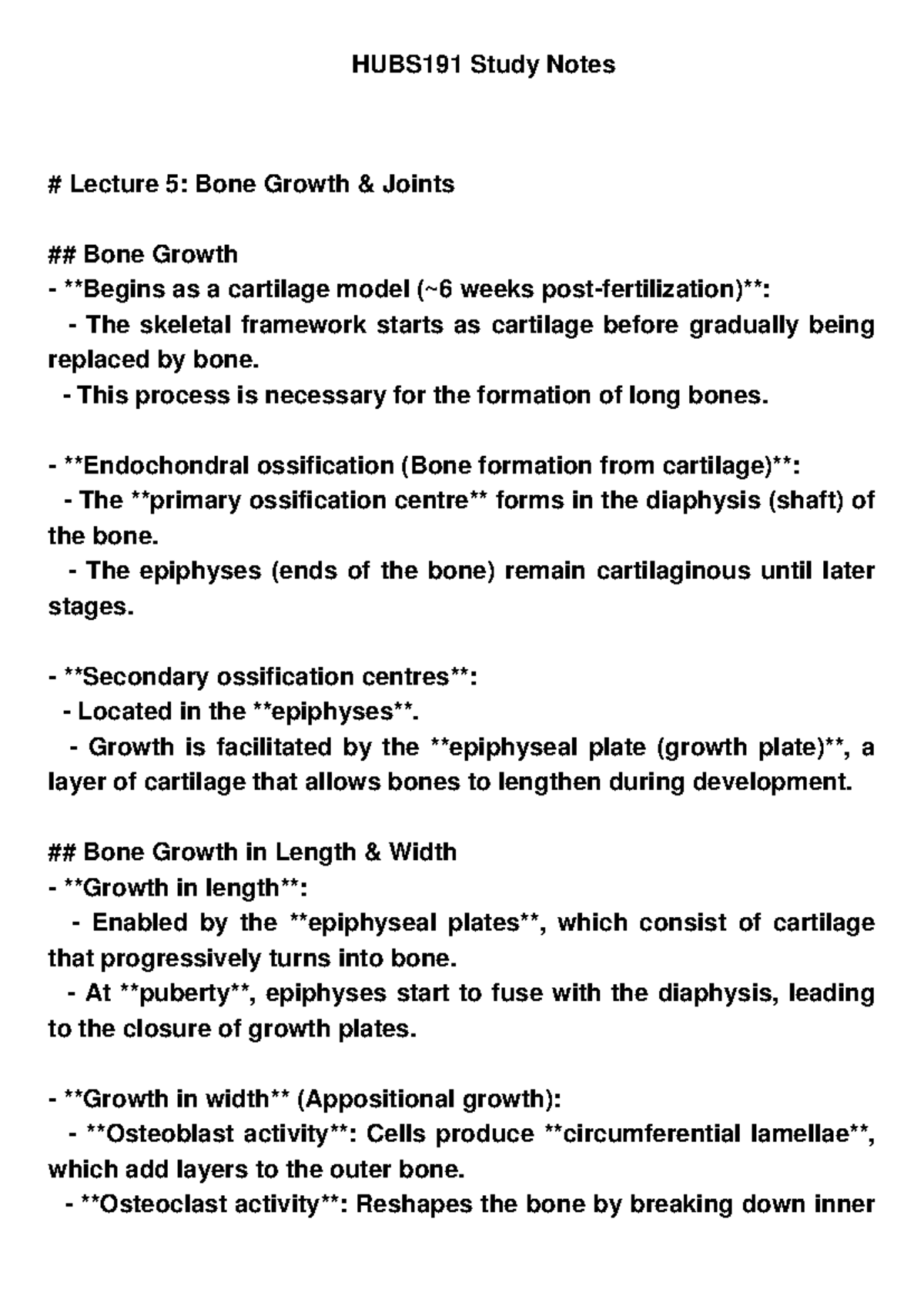 HUBS191 Study Notes: Joints, Cell Physiology, and Muscle Function ...