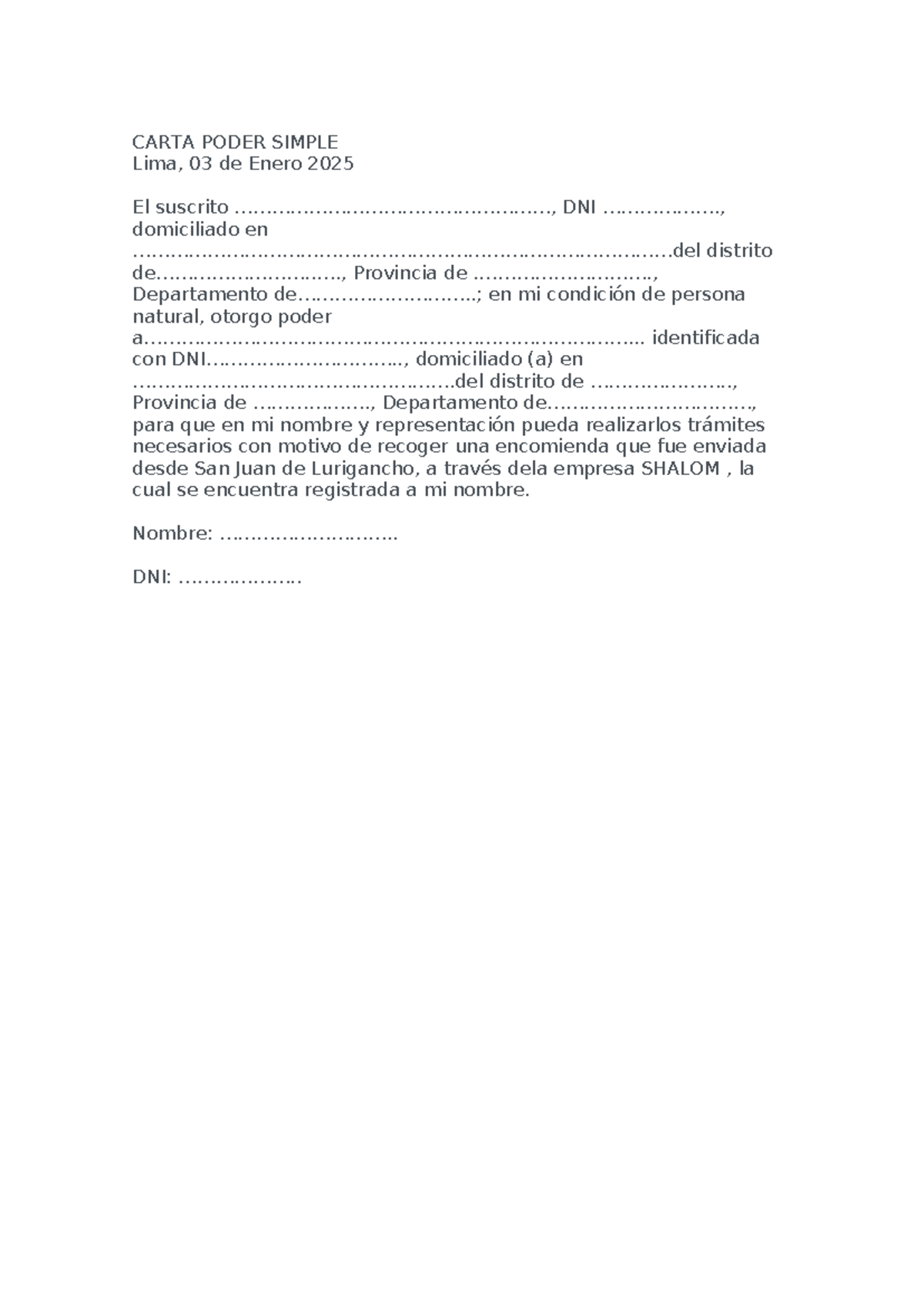 Carta Poder Simple - CARTA PODER SIMPLE Lima, 03 de Enero 2025 El ...