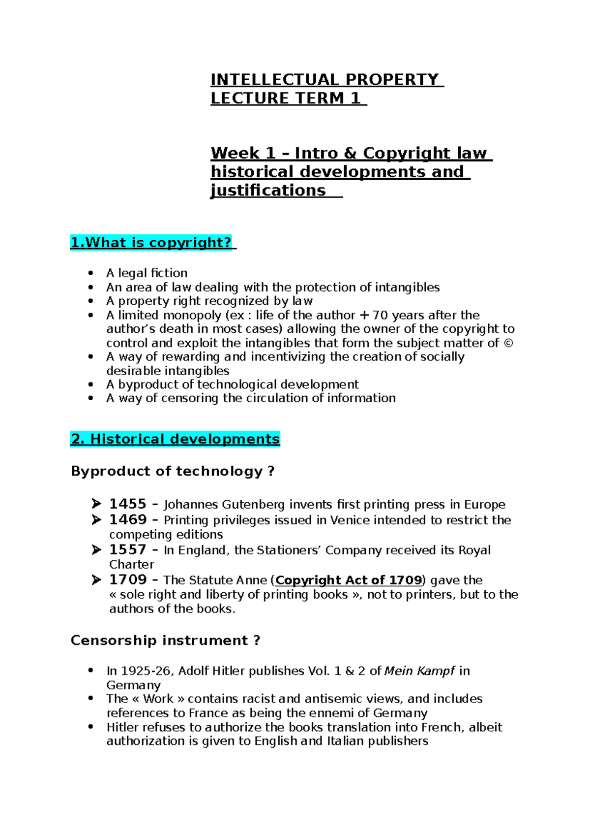 Intellectual Property Lecture TERM 1: Copyright Law Overview and ...
