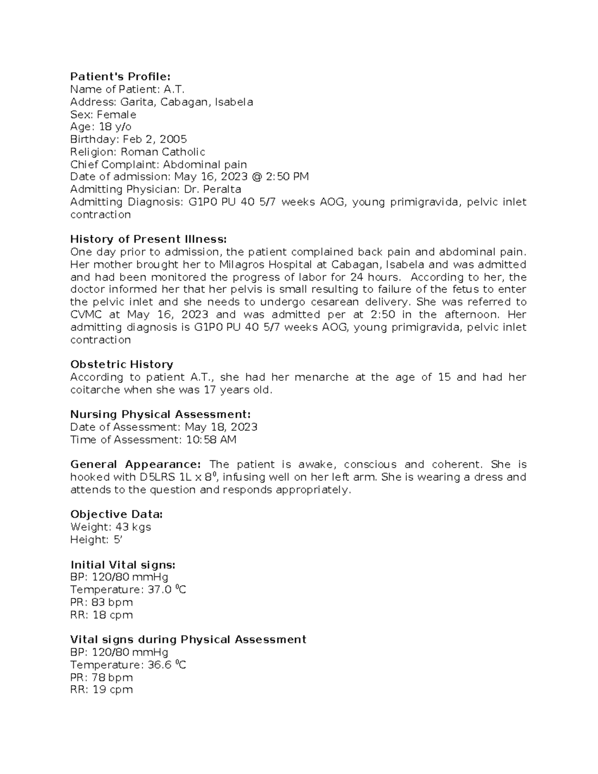 Case Study: Pelvic Inlet Contraction in Young Primigravida (Nursing 101 ...