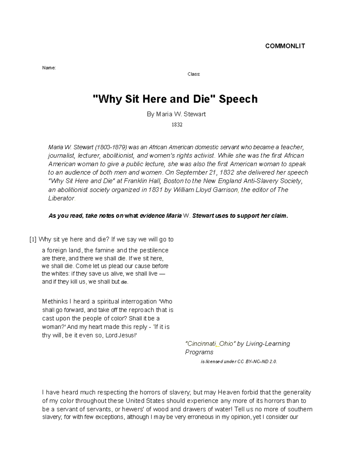 COMMONLIT: Reading & Discussion on Maria W. Stewart's "Sit Here" Speech ...
