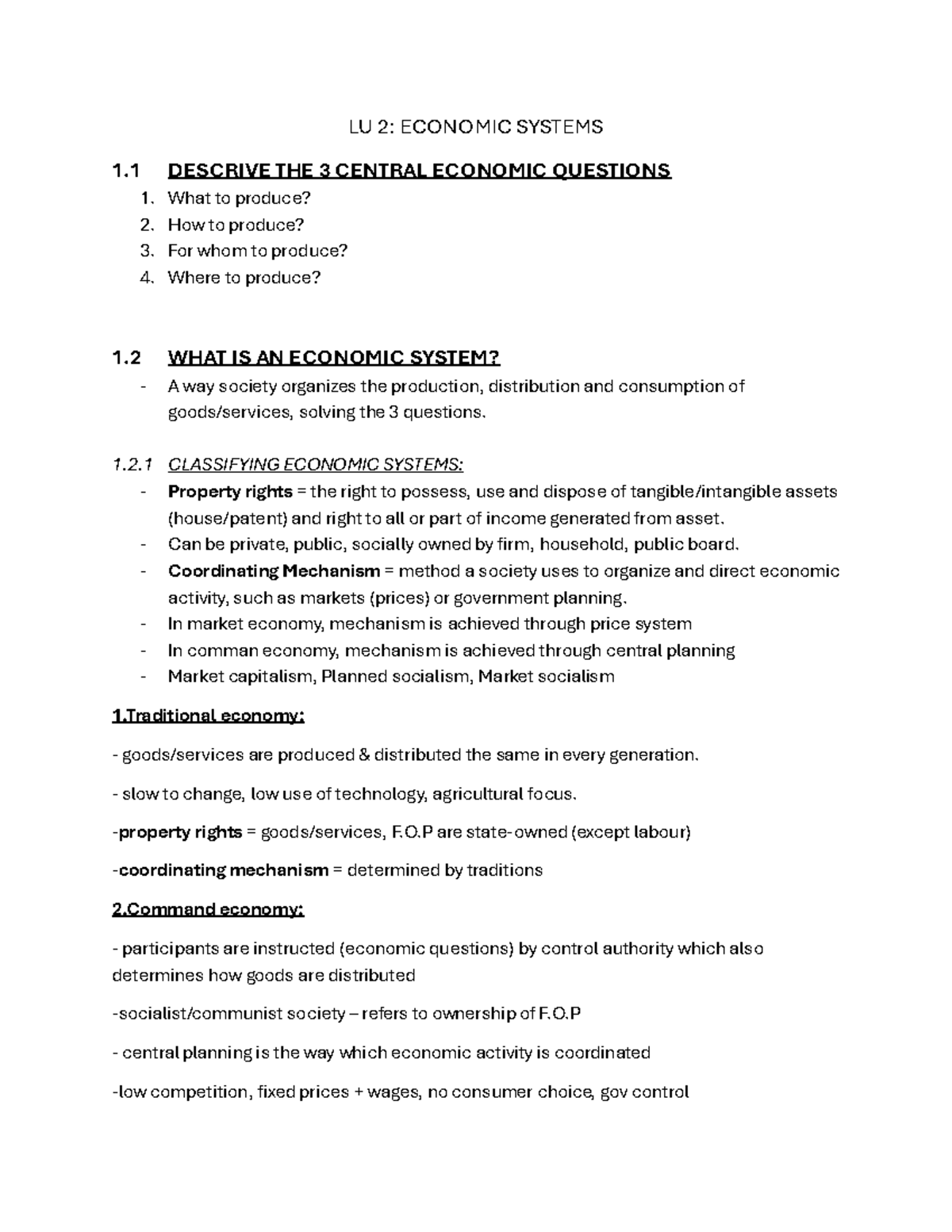 LU 2: Economic Systems - Summary Notes on Central Economic Questions ...