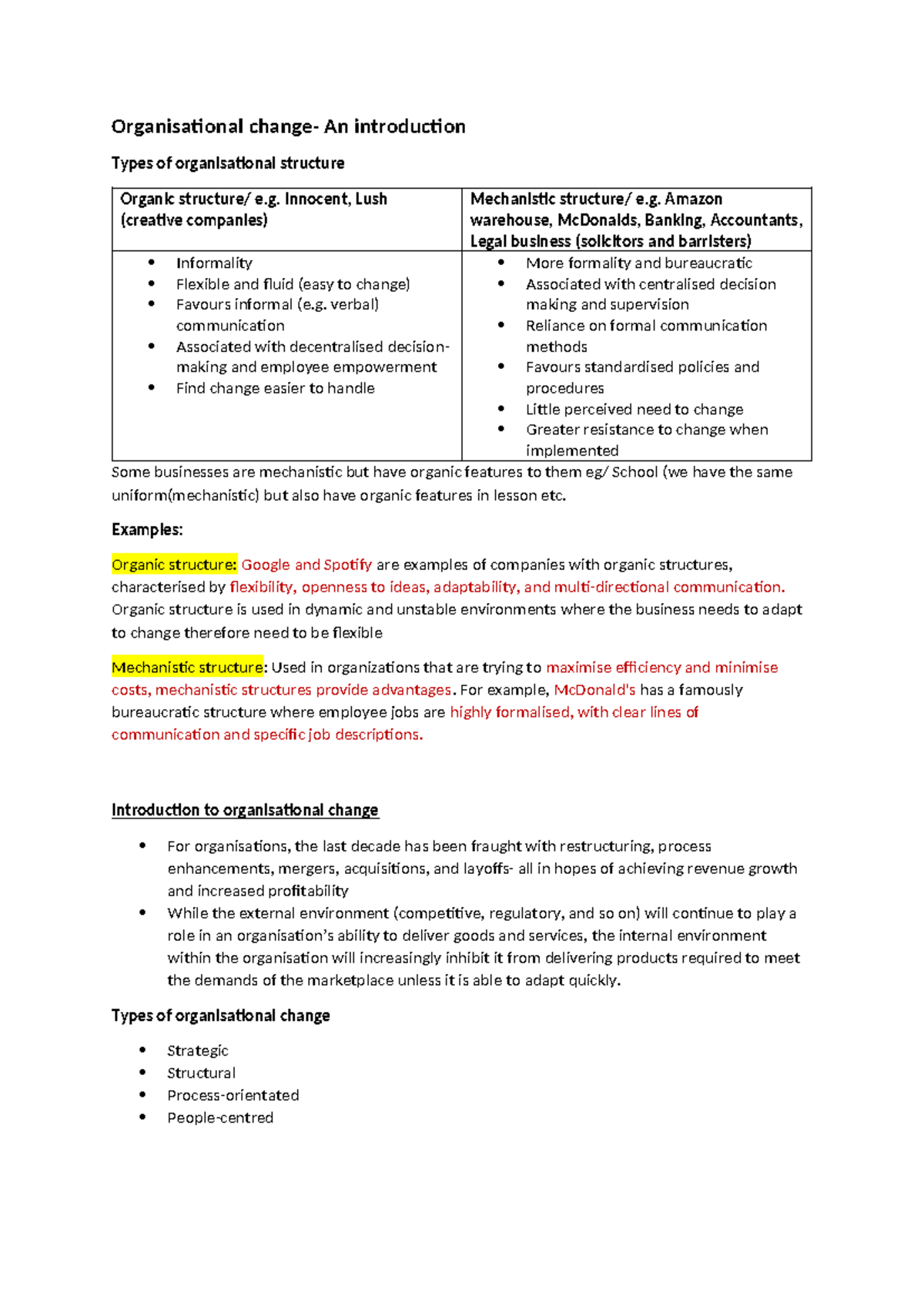 Unit 10 - Organisational Change in AQA Business A-Level Study Notes ...