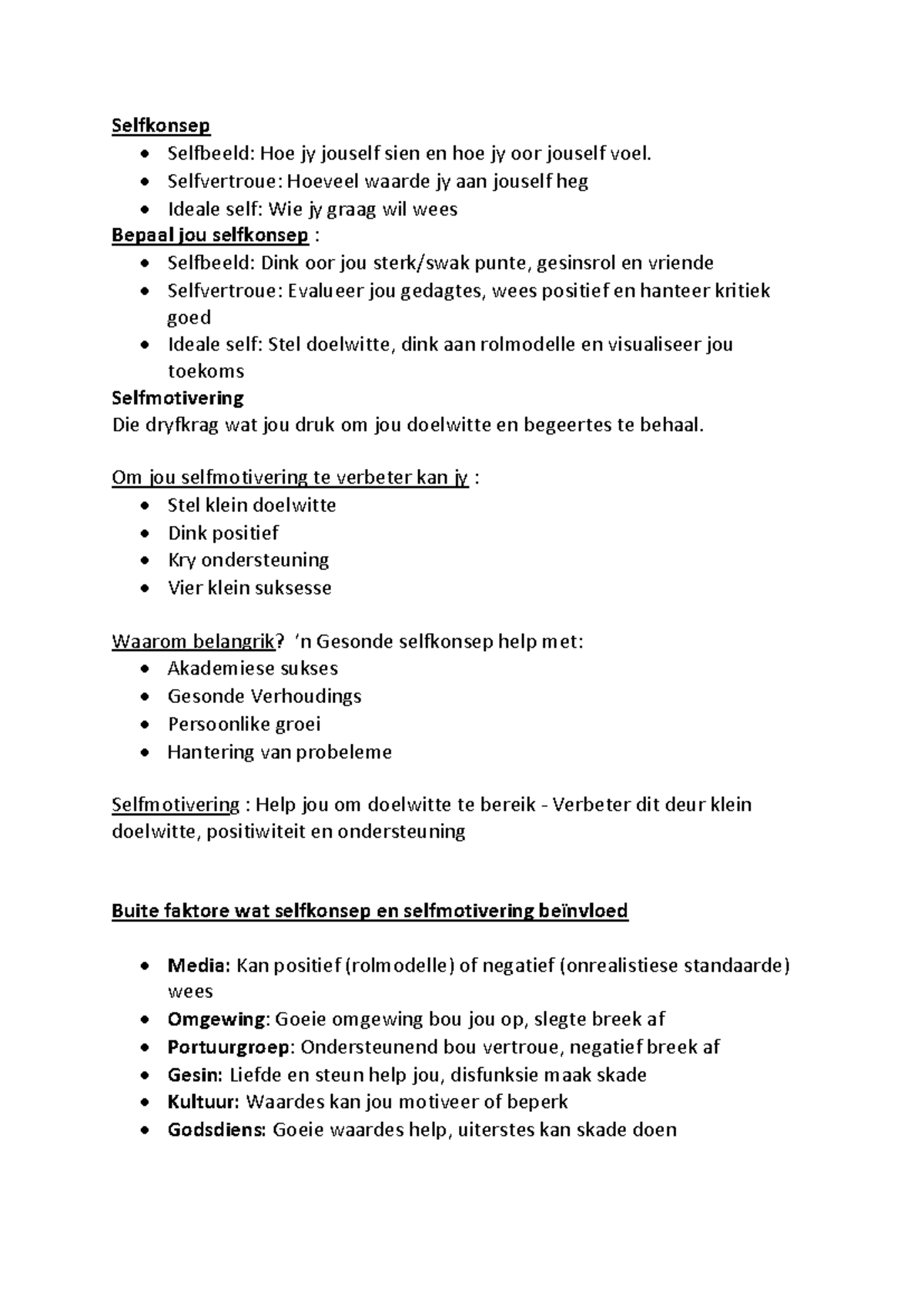 LO Opsomming Gr 8: Selfkonsep, Selfvertroue en Dwelmmisbruik - Studocu