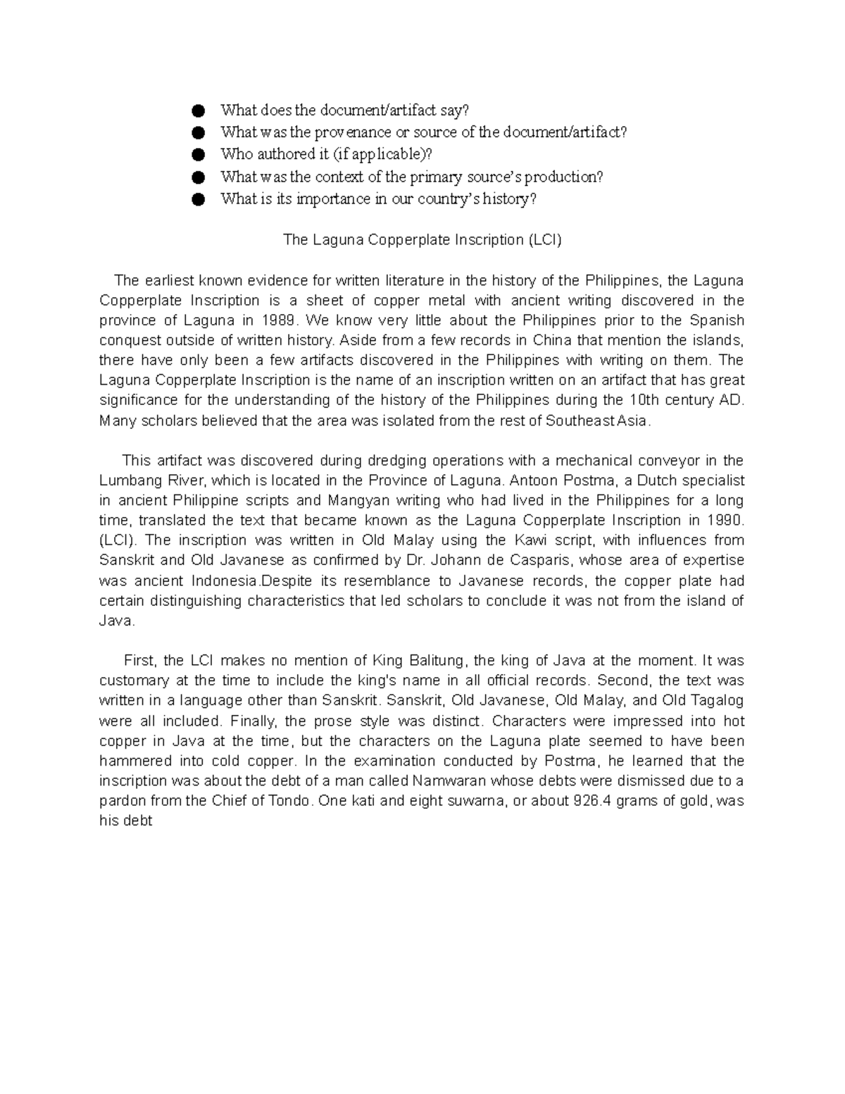 Laguna Copperplate Inscription (LCI): Significance in Philippine ...