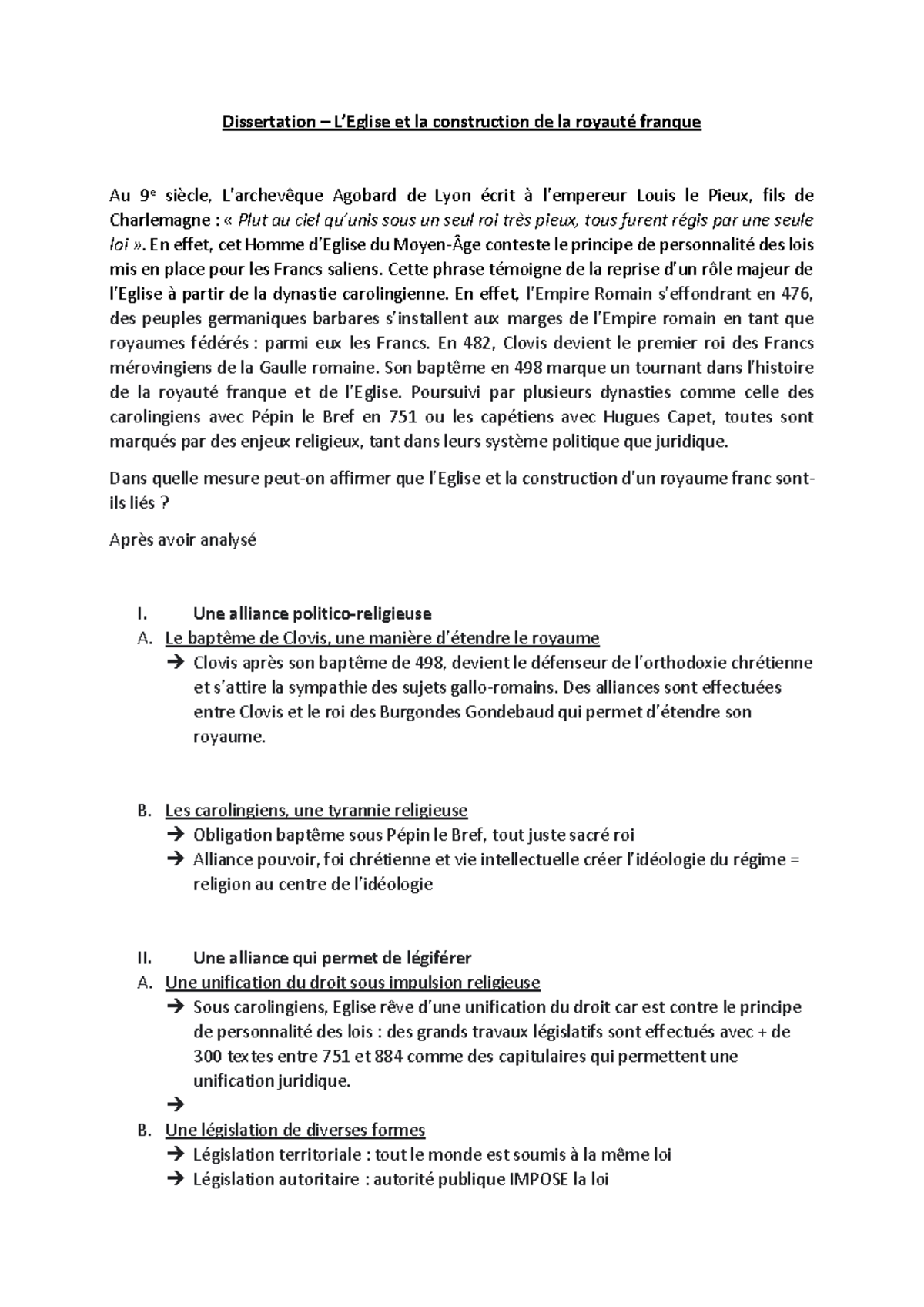 Dissertation - L'Eglise et la Construction de la Royauté Franque - Studocu