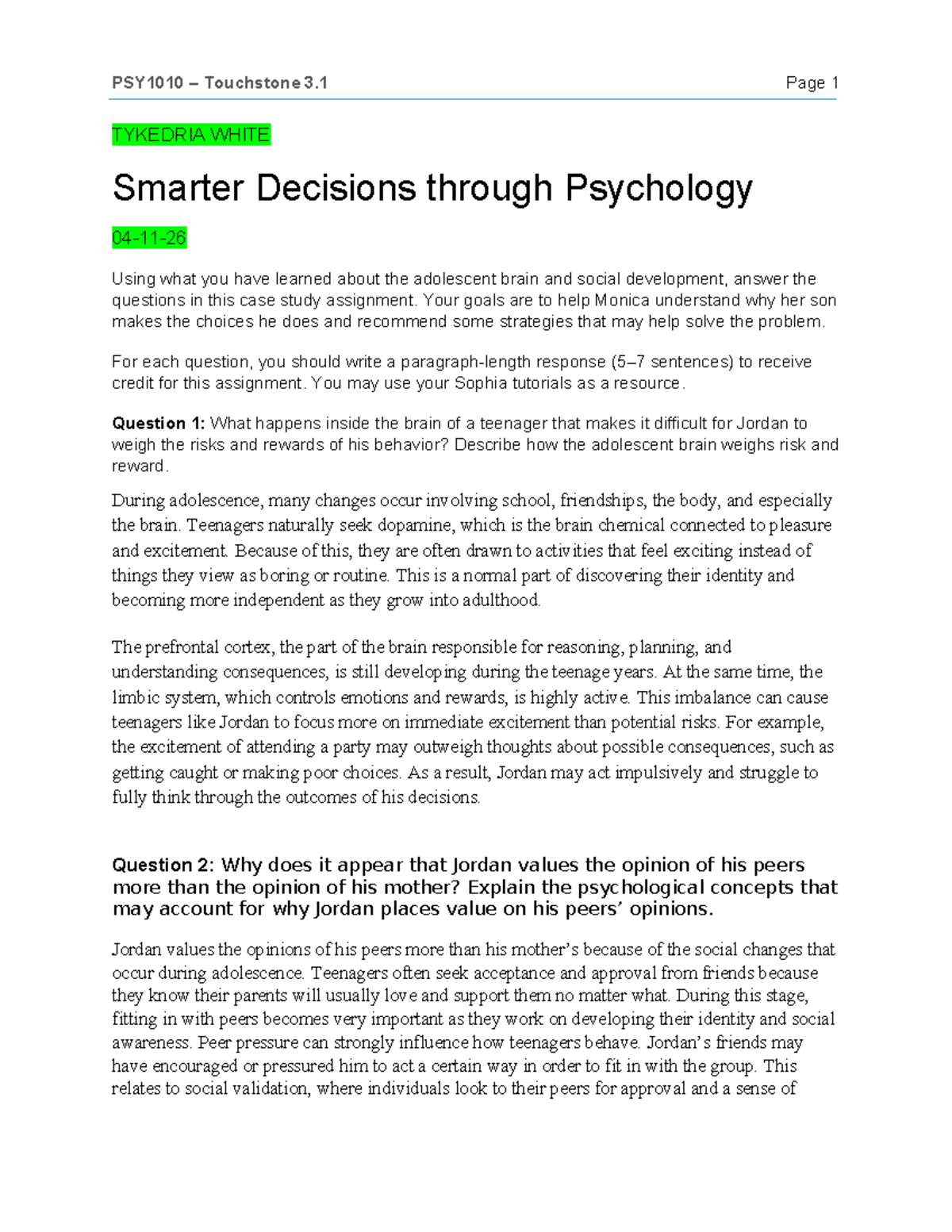 PSY1010 Case Study 1: Understanding Adolescent Decision-Making - Studocu