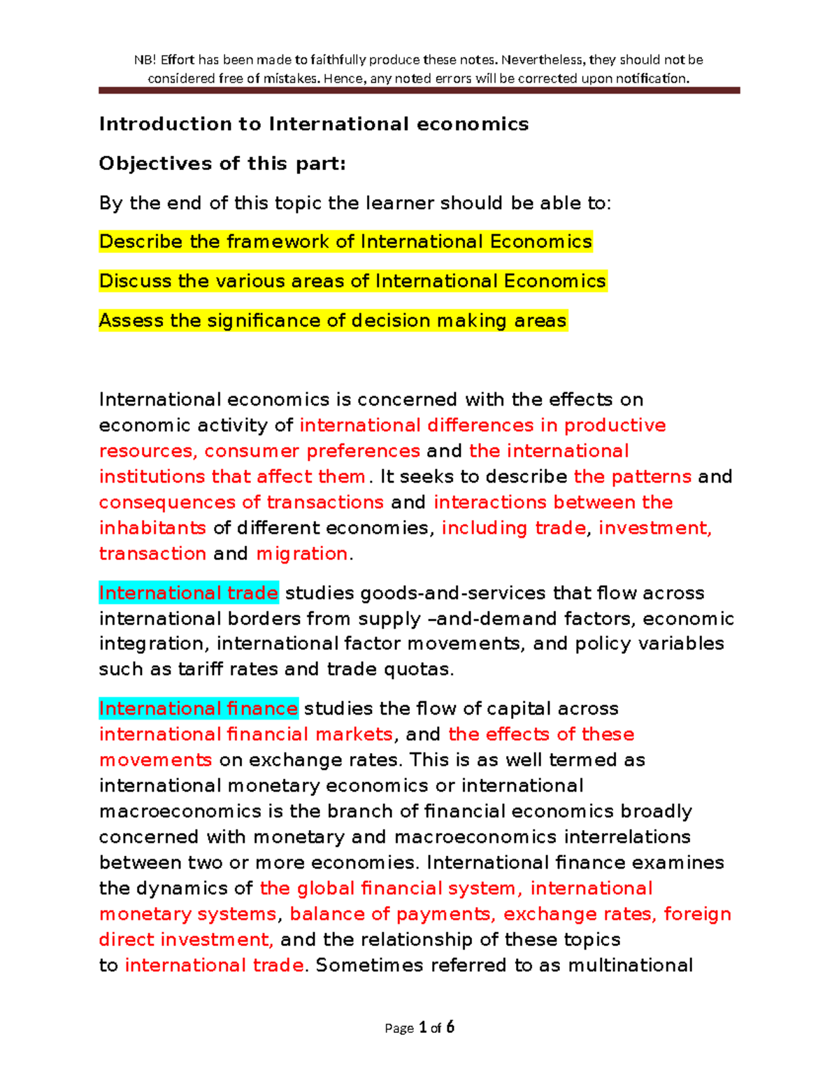 Introduction to International Economics (Part I) Notes - Studocu