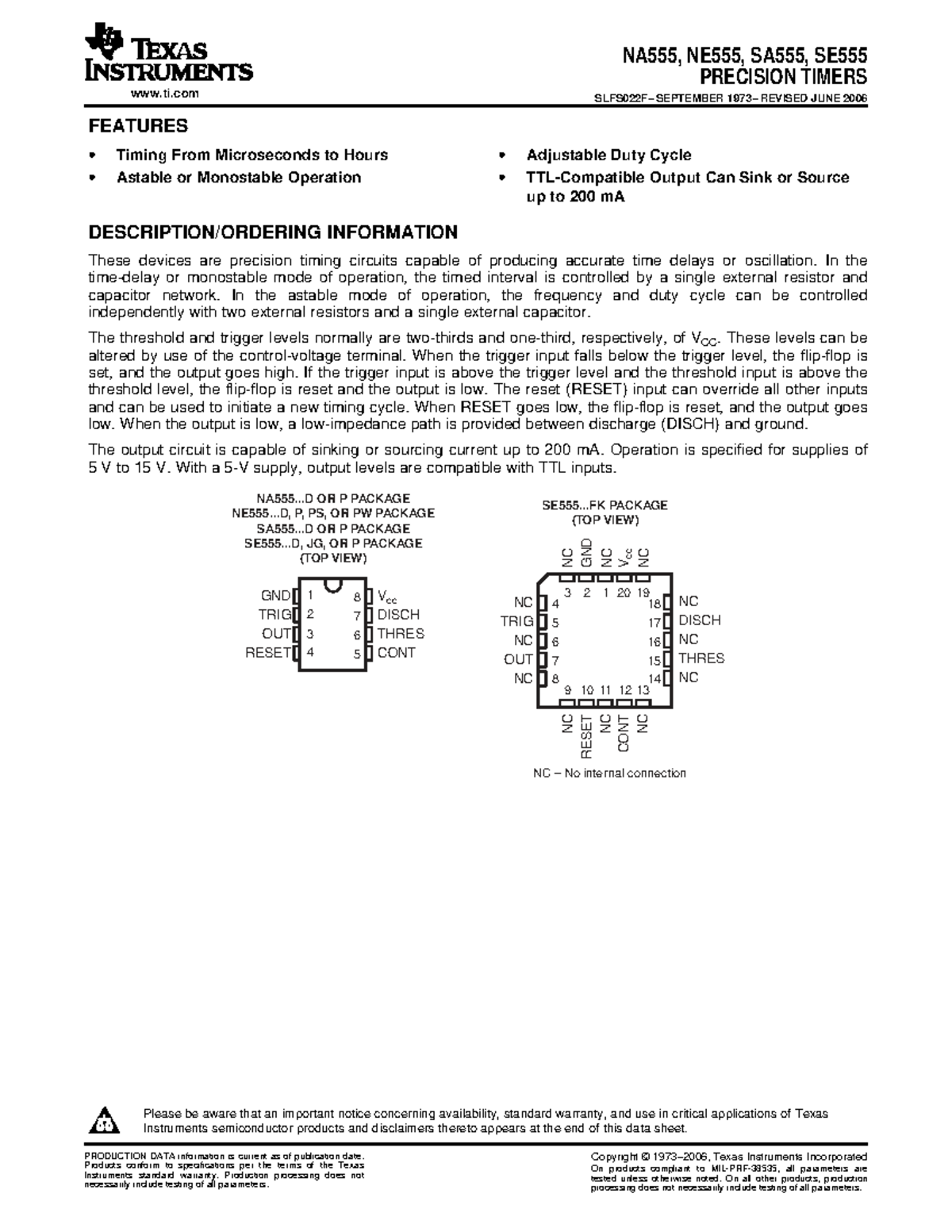 Precision Timers SLFS022F: NA555 Timer Datasheet Overview - Studocu
