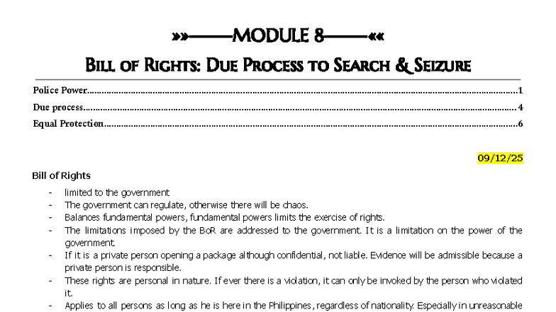 Module 8: Bill of Rights - Due Process, Search & Seizure, Police Power ...