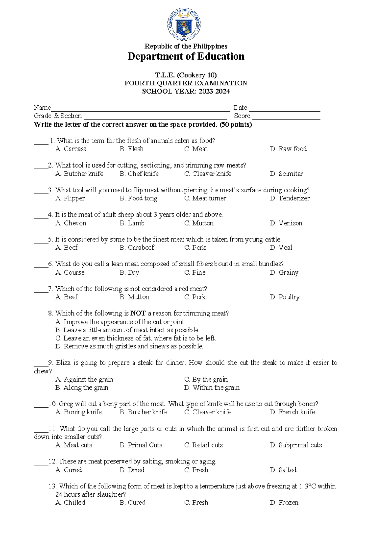 Cookery 10 4th Quarter Periodical Exam Review and Answer Key - Studocu