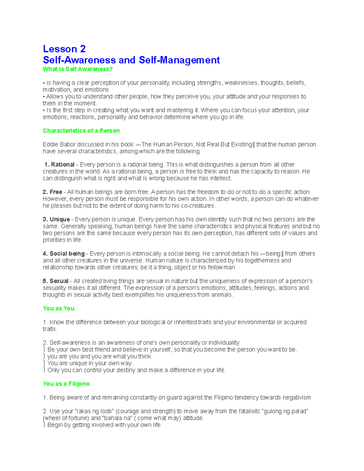 Lesson 2 - Self-Awareness and Self-Management Lecture Notes - Studocu