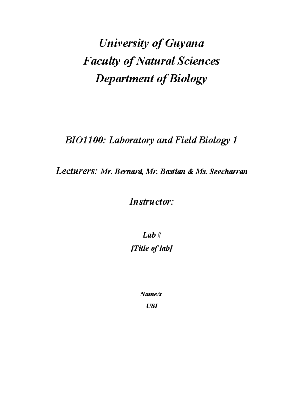 BIO1100 - Cover page format - Laboratory & Field Biology I - University ...