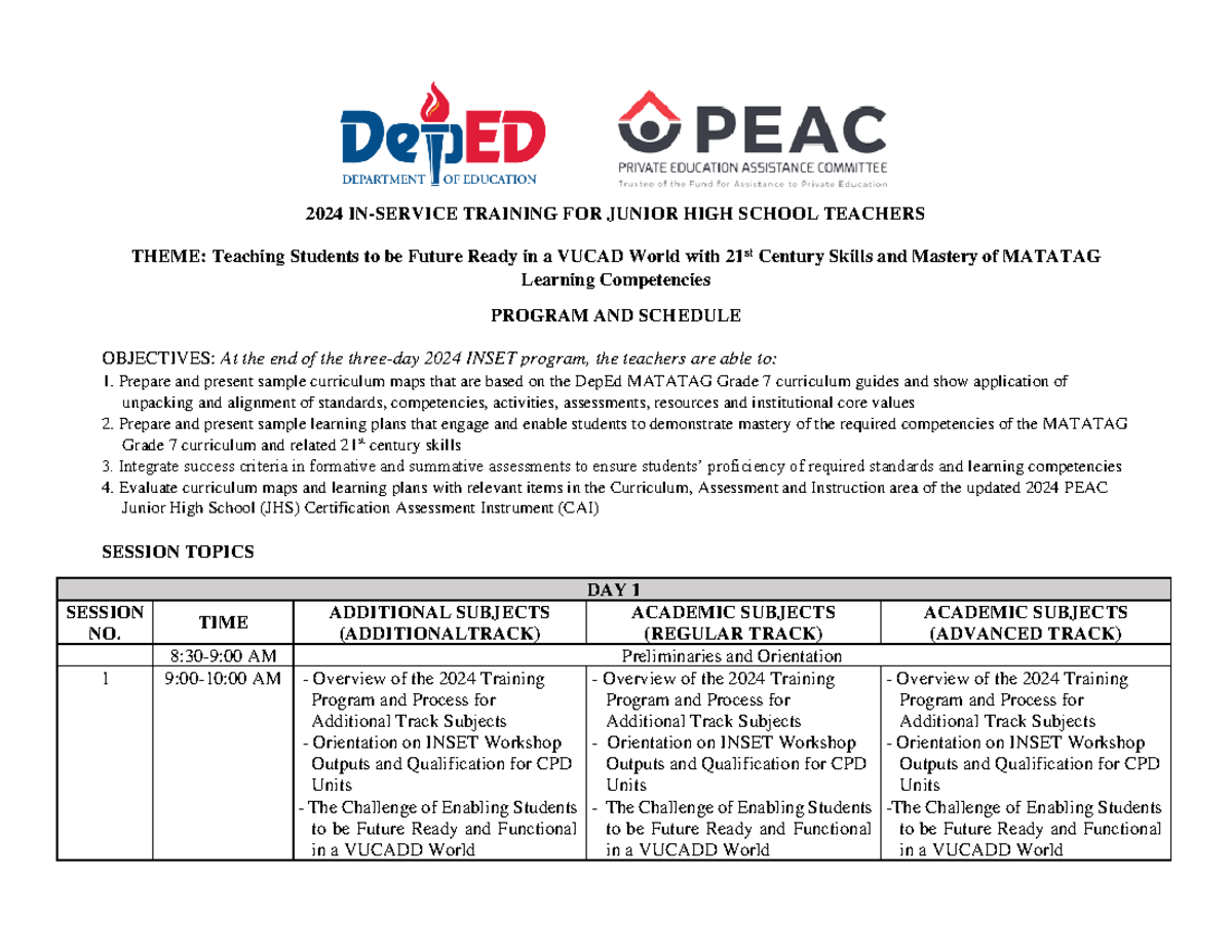 HO1-S1 2024 PEH In-Service Training for JHS Teachers Program & Schedule - Studocu