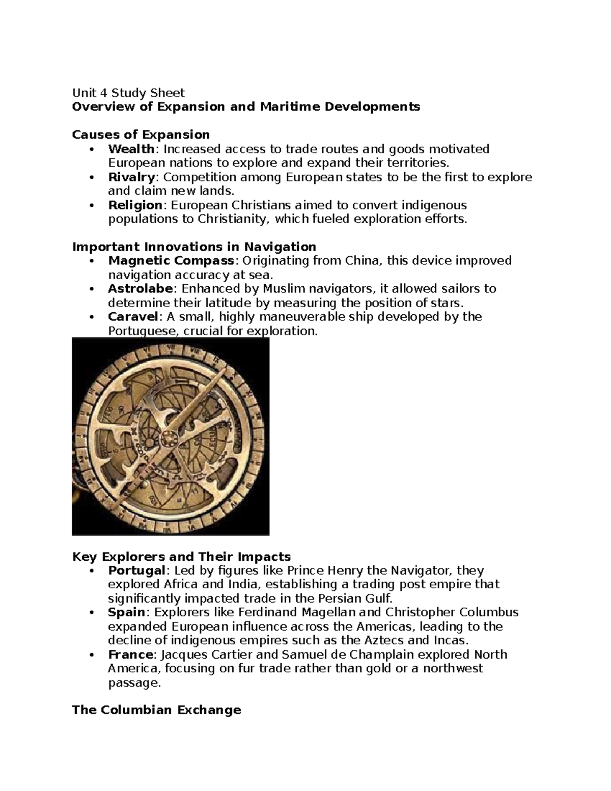 Unit 4 Study Sheet: Overview of Expansion & Maritime Developments - Studocu