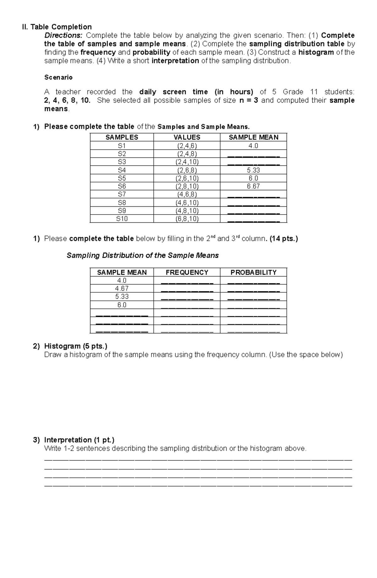 II. Table Completion for Statistics & Probability Class Analysis - Studocu