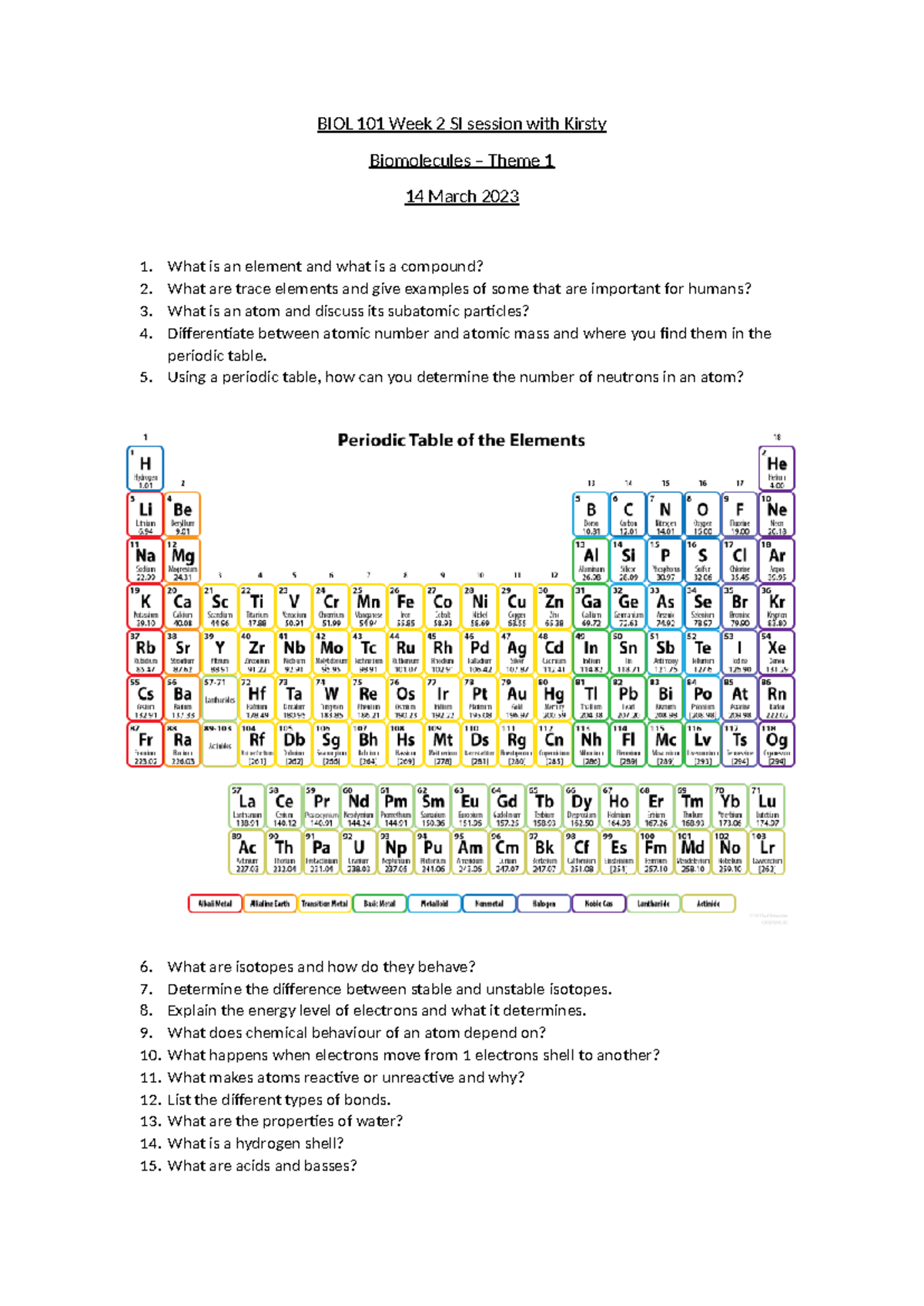 BIOL 101 Week 2 SI Session: Biomolecules Theme 1 Questions - Studocu