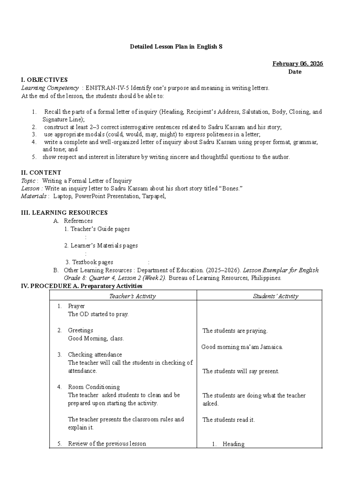 Detailed Lesson Plan: Writing a Formal Letter in English 8 - Studocu