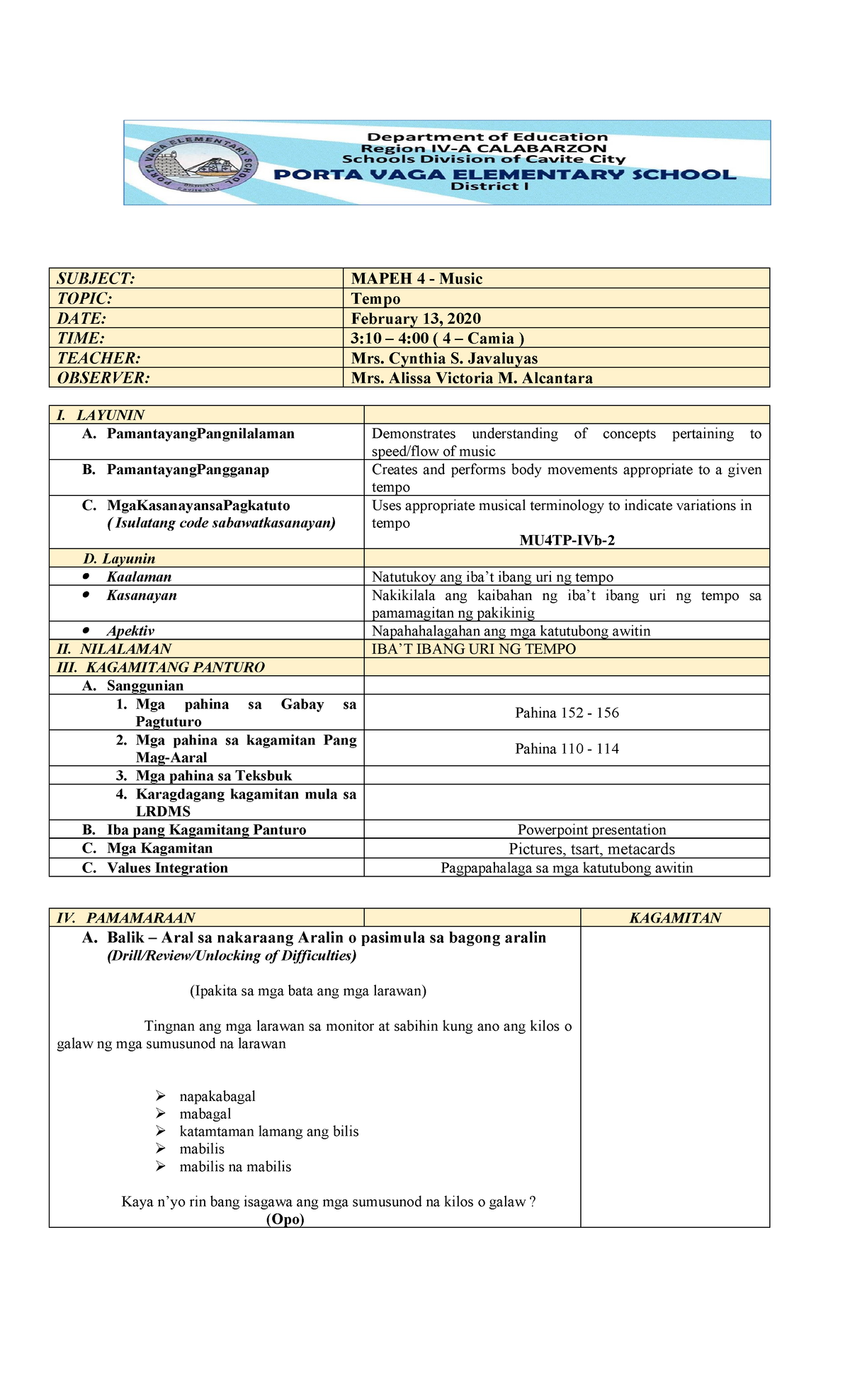 COT-MAPEH 4 Music Tempo Lesson Plan - February 2020 - Studocu