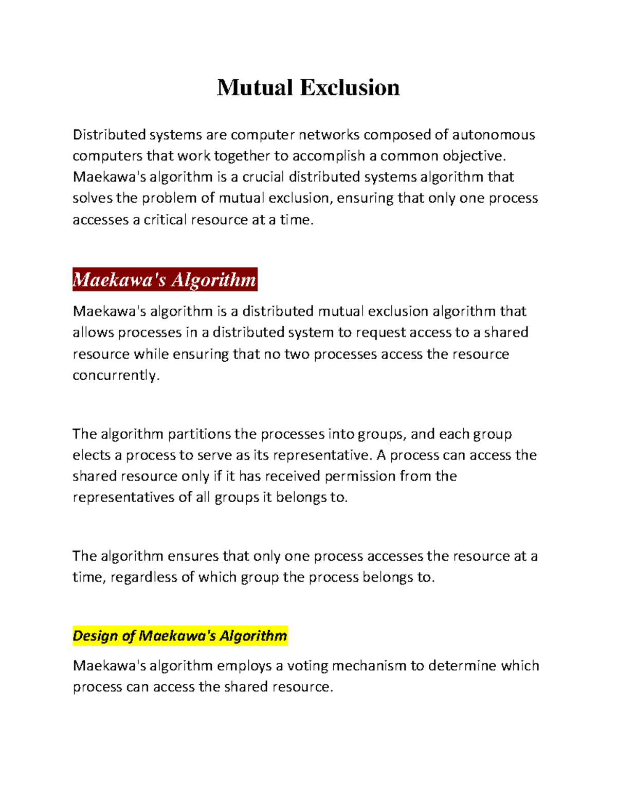 Maekawa's Algorithm for Mutual Exclusion in Distributed Systems - Studocu