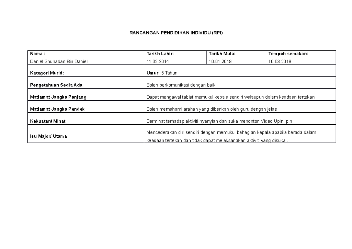 Rancangan Pendidikan Individu - RANCANGAN PENDIDIKAN INDIVIDU (RPI ...