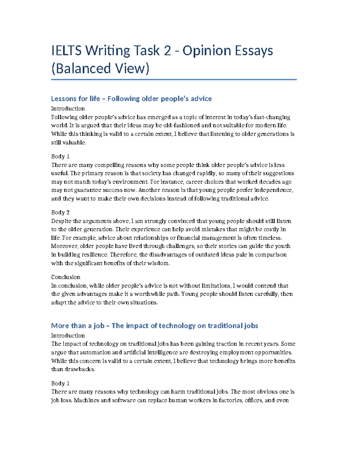 IELTS Writing Task 2: Opinion Essays on Balanced Views - Studocu