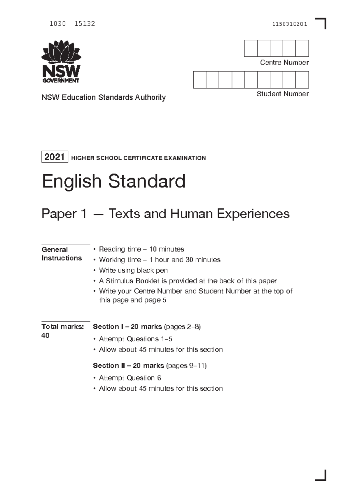 2021 HSC English Standard P1: Texts & Human Experiences Exam - Studocu