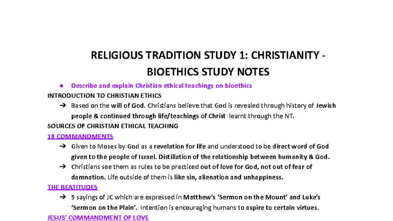 Religious Tradition Study 1: Christianity HSC Bioethics Notes - Studocu