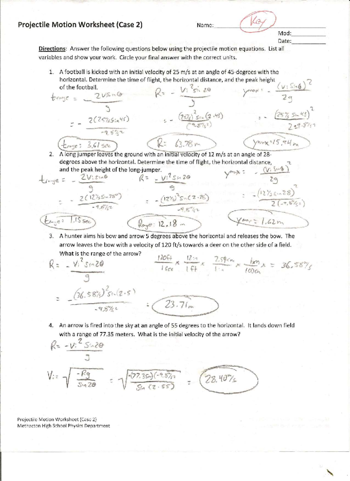 Projectile Motion Worksheet (Case 2) Answer Key - Studocu