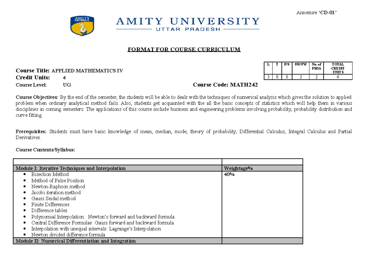Applied Mathematics IV - Course Curriculum and Learning Outcomes - Studocu