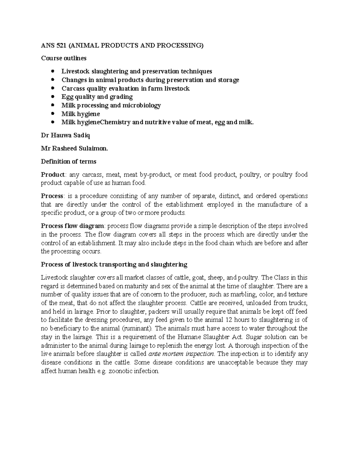 ANS 521 Animal Products and Processing Lecture Notes I & II - Studocu