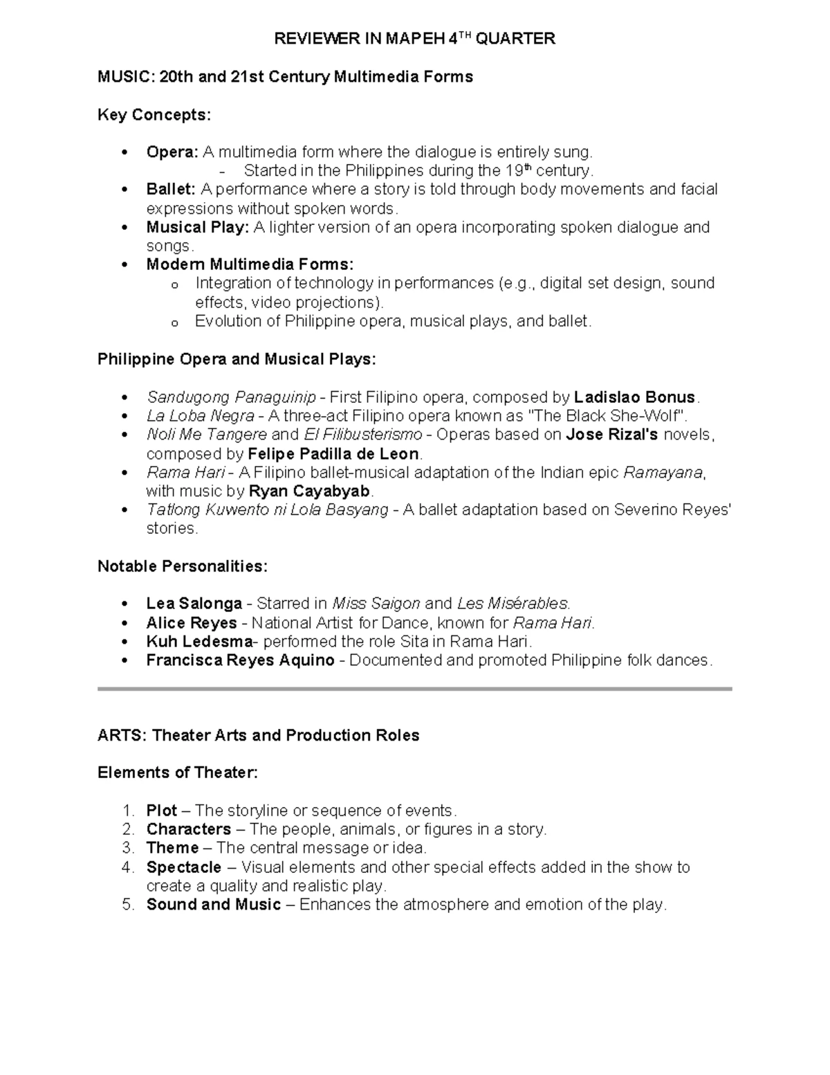 Grade 10 reviewer 4th quarter Mapeh - REVIEWER IN MAPEH 4TH QUARTER ...