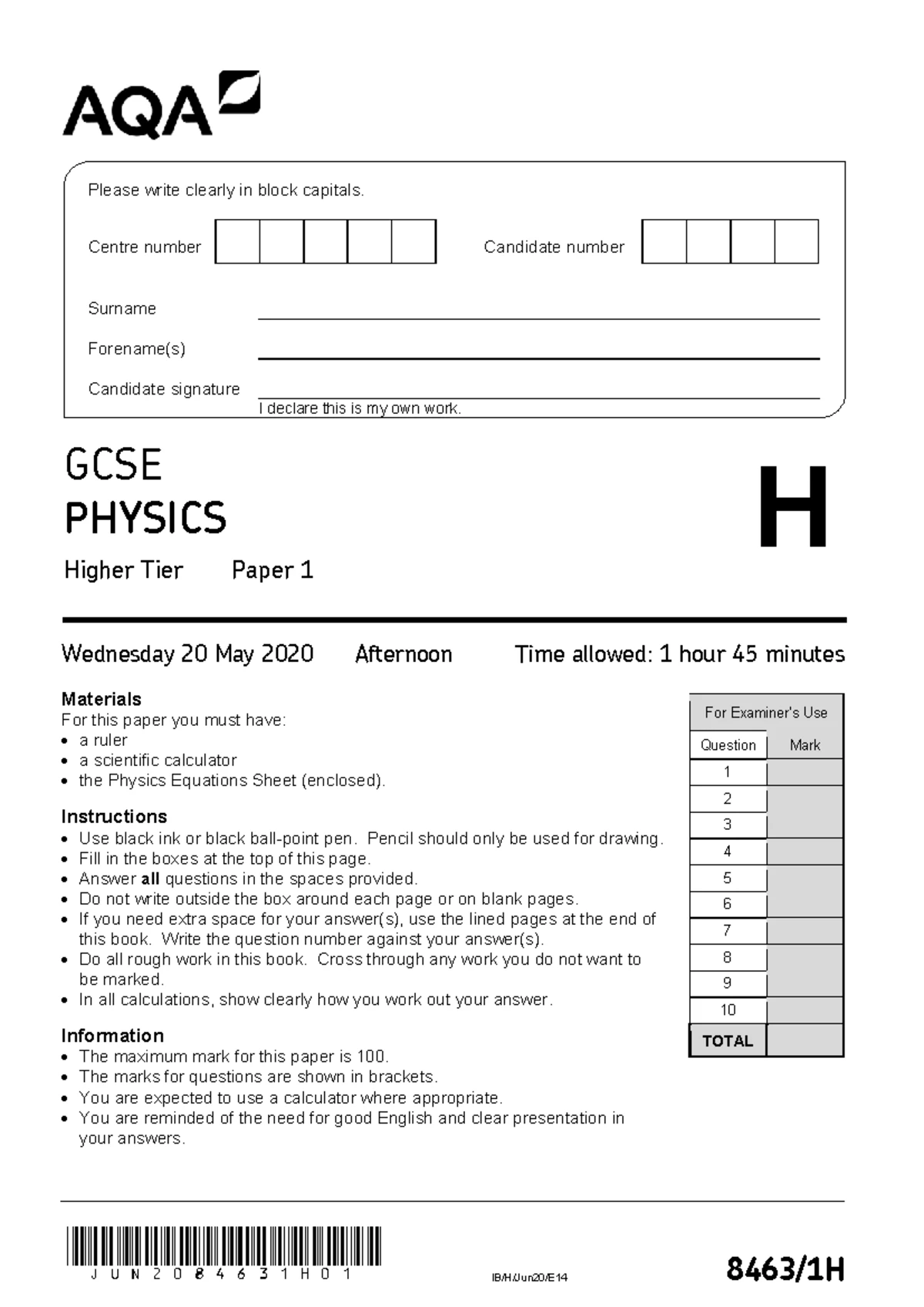 GCSE PHYSICS H Tier June 2021 Paper 1 Exam Questions & Answers - Studocu