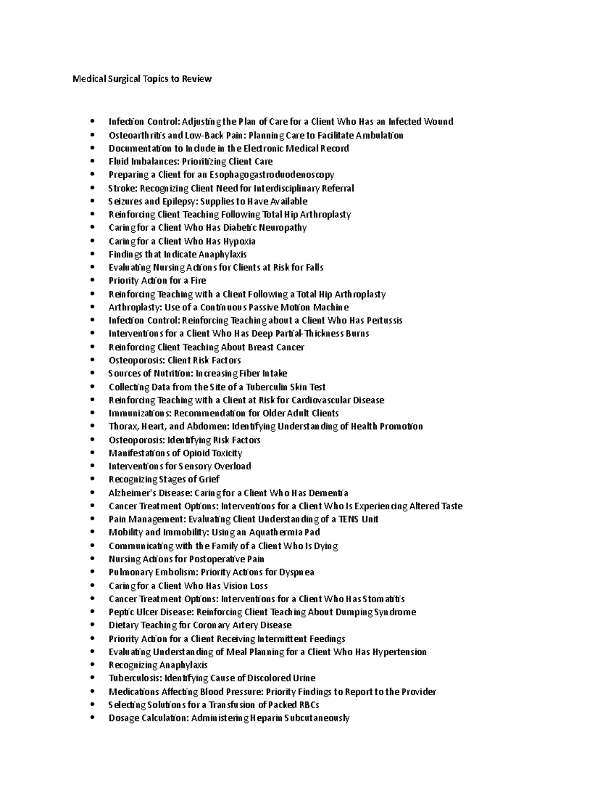 Medical-Surgical Nursing Review: Key Topics & Interventions - Studocu